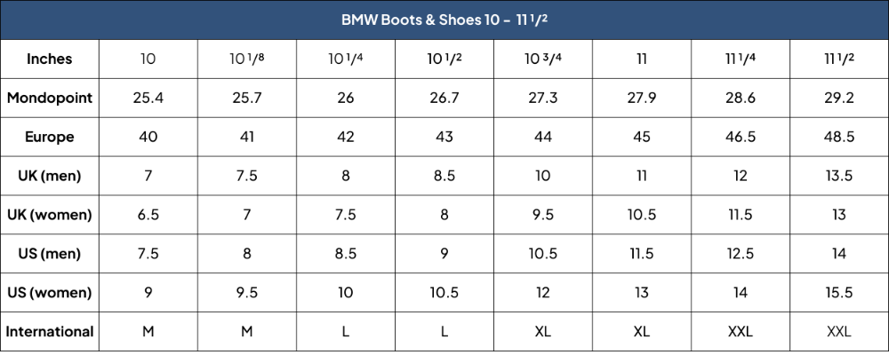 Worthington Motorcycles Shop|BMW Size Guide